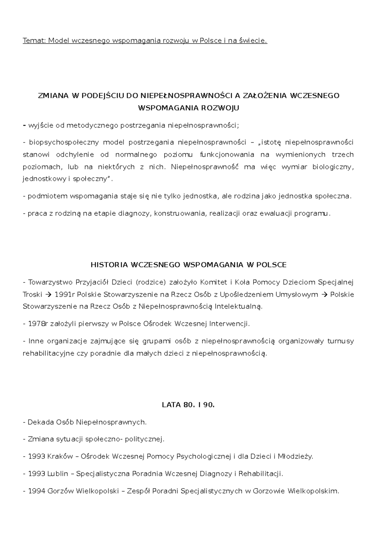 WWRD - Notatki z Wczesnego Wspomagania Rozwoju - Temat: Model wczesnego ...