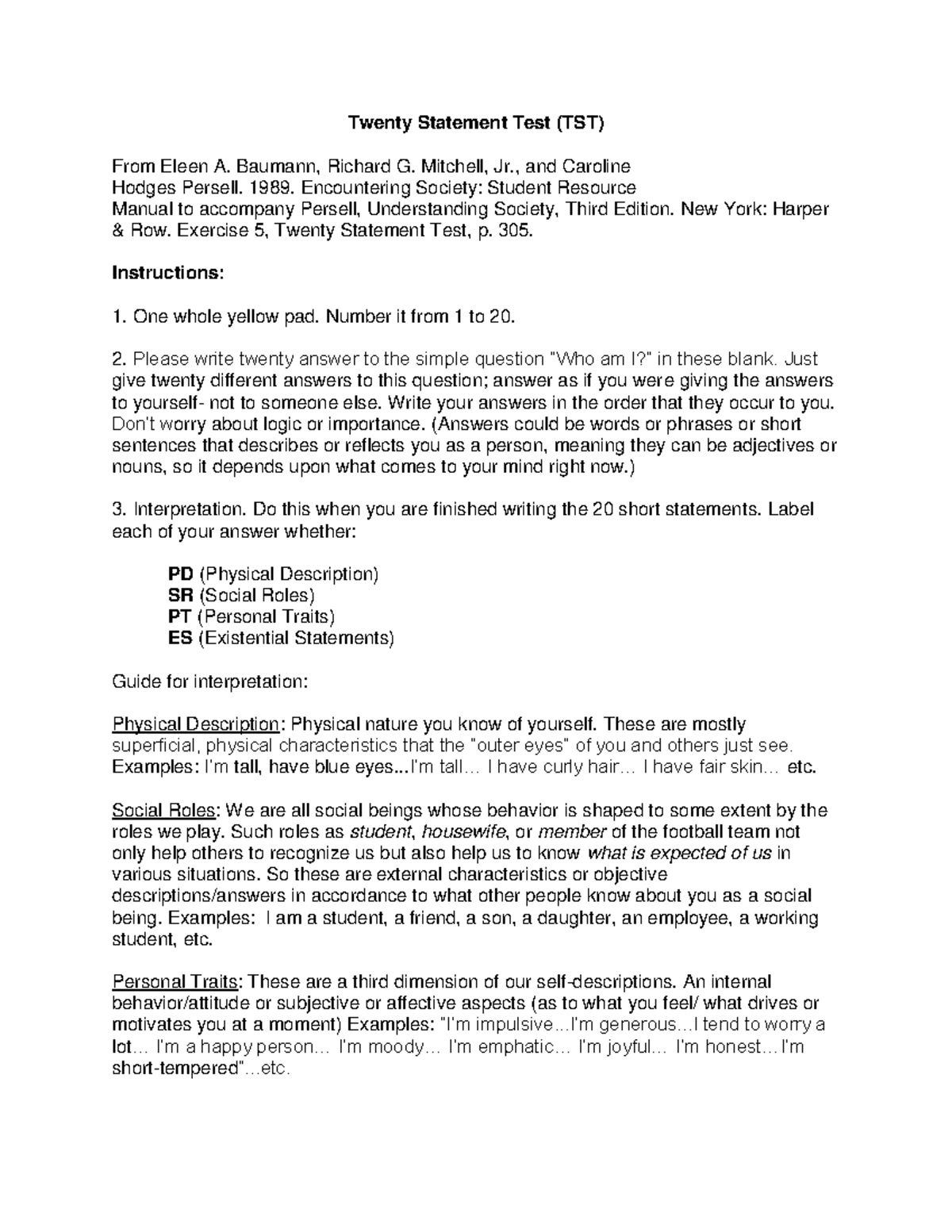 Twenty Statement Test (TST) From Eleen A. Baumann, Richard G. Mitchell ...