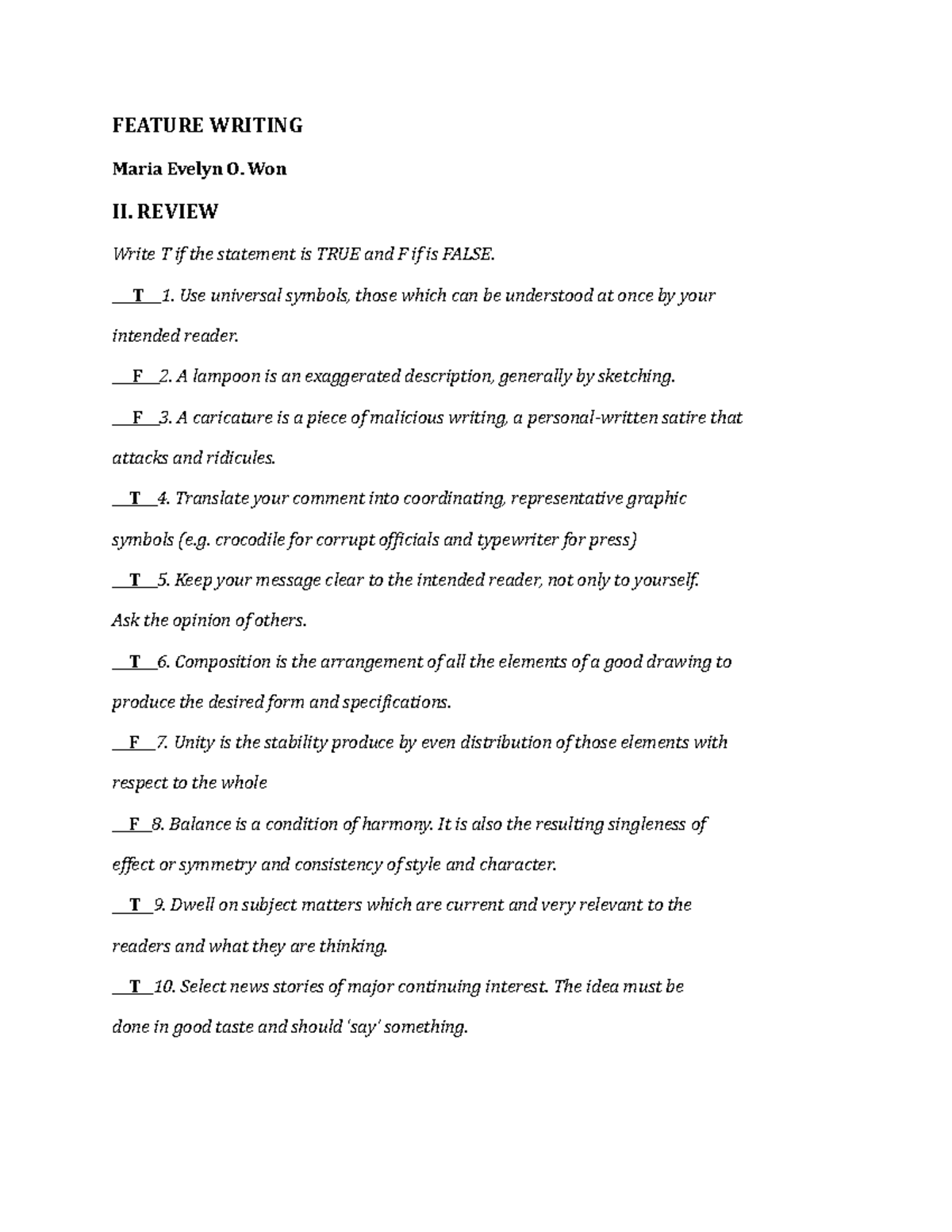 Maria Evelyn Won - Feature- Writing - FEATURE WRITING Maria Evelyn O ...