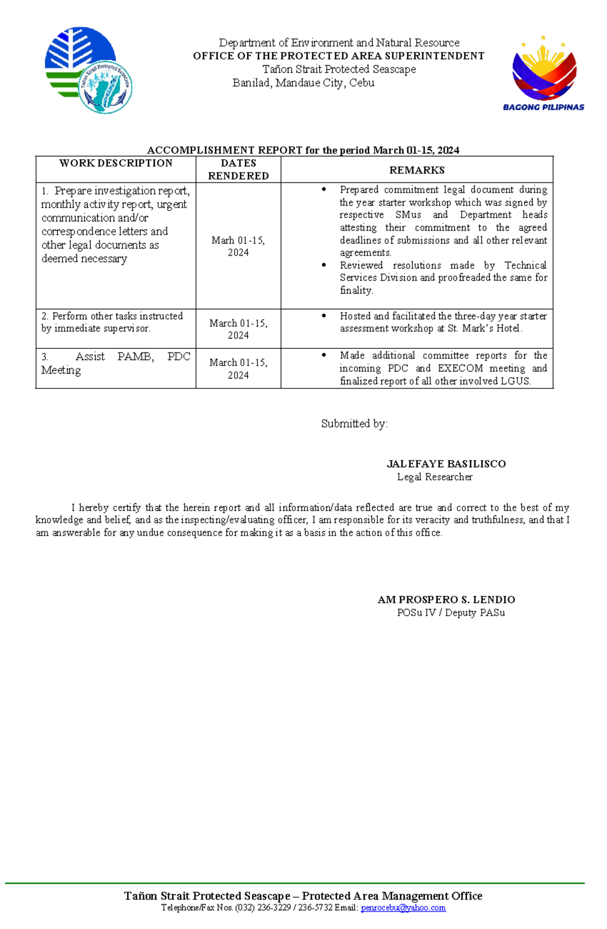 Accomplishment Report for the period March 2024 - Department of ...