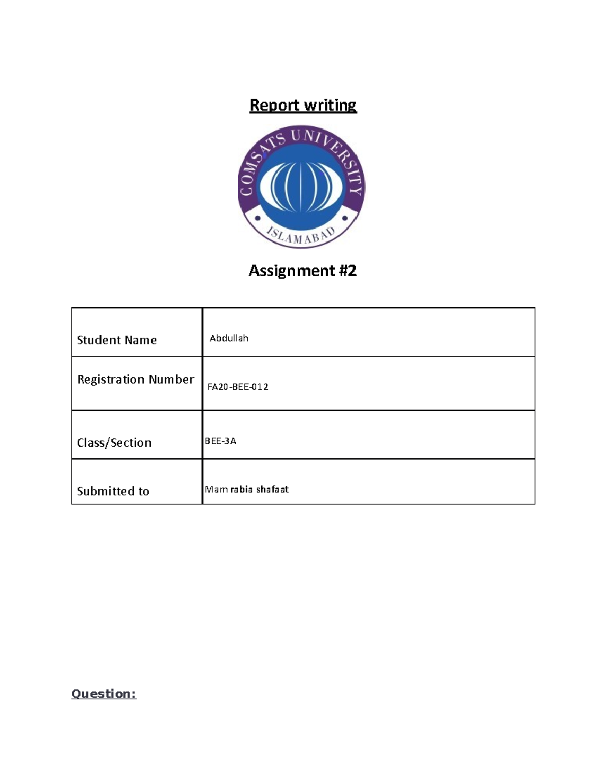 Assignment 2 pakstudies fa20bee012 - Report writing Assignment Student ...