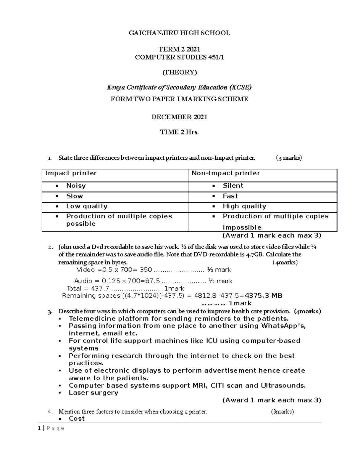Computer Studies FORM 2 Paper 1 TERM 2 2021 Marking Scheme ...