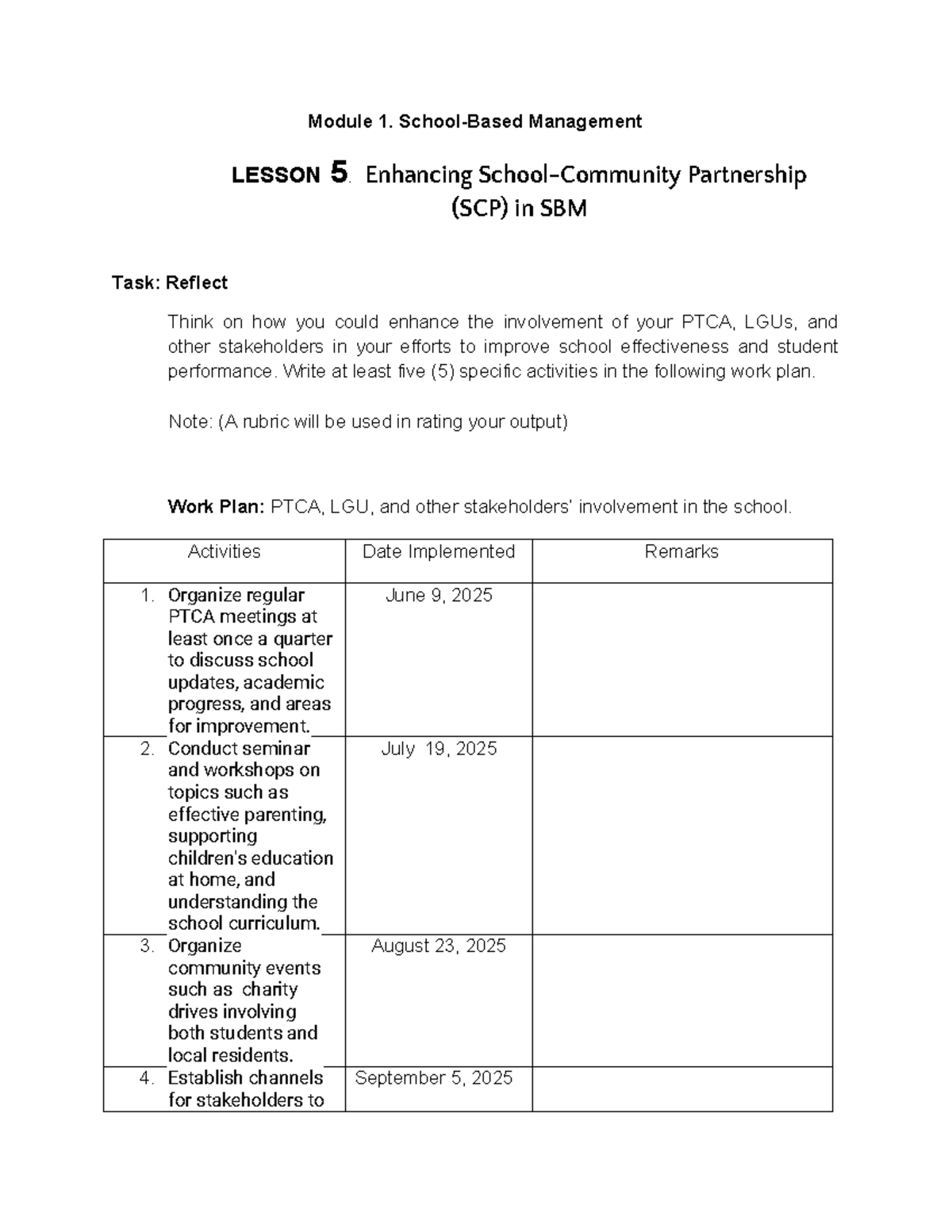 Lesson 5 Task - Module 1. School-Based Management LESSON 5. Enhancing ...