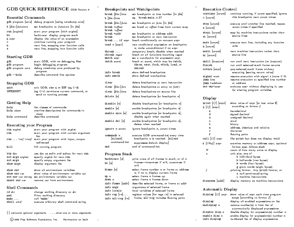 GDB Refcard - GDB reference card - GDB QUICK REFERENCE GDB Version 4 ...