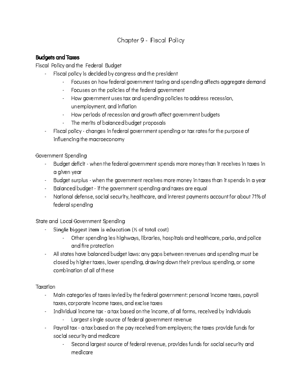 Chapter 9 - Fiscal Policy - Chapter 9 - Fiscal Policy Budgets and Taxes ...