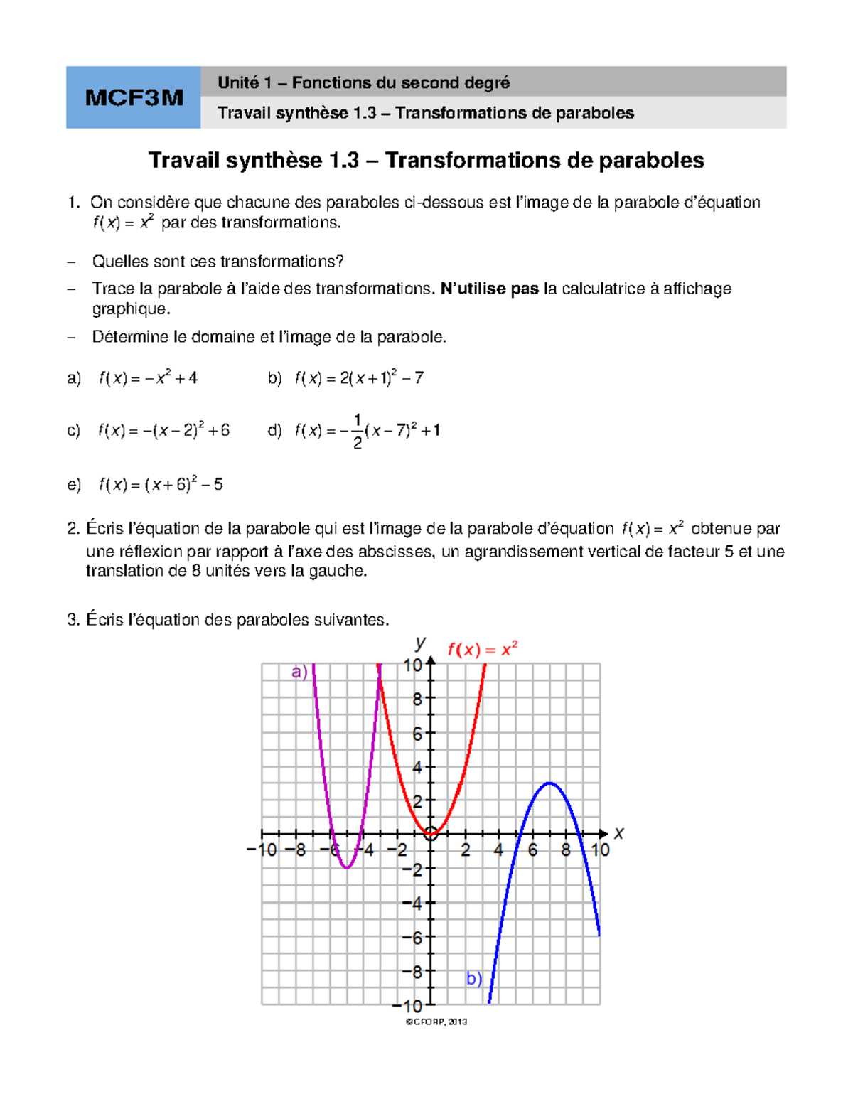 MCF3M Travail synthese 1 3 - MCF3M Unité 1 – Fonctions du second degré ...