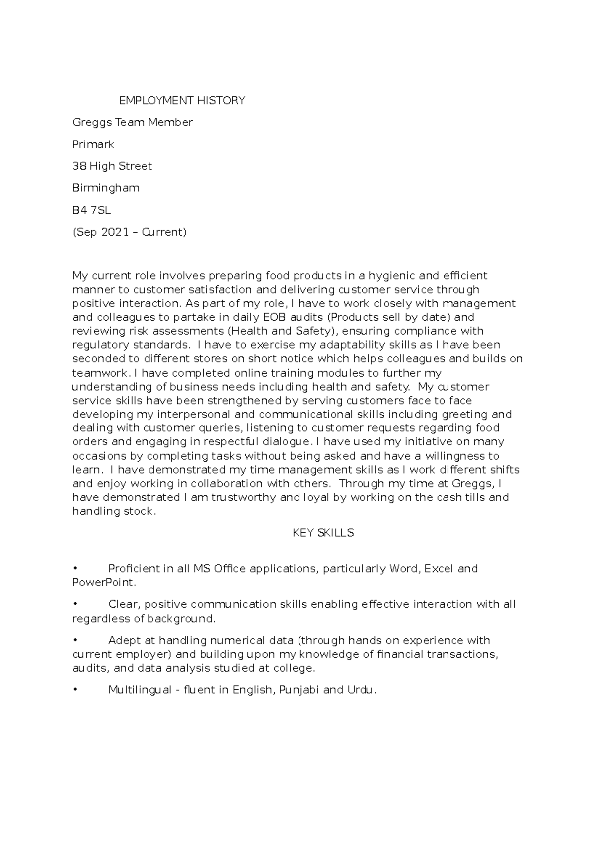 Application cv with cover letter - EMPLOYMENT HISTORY Greggs Team Member Primark 38 High Street ...