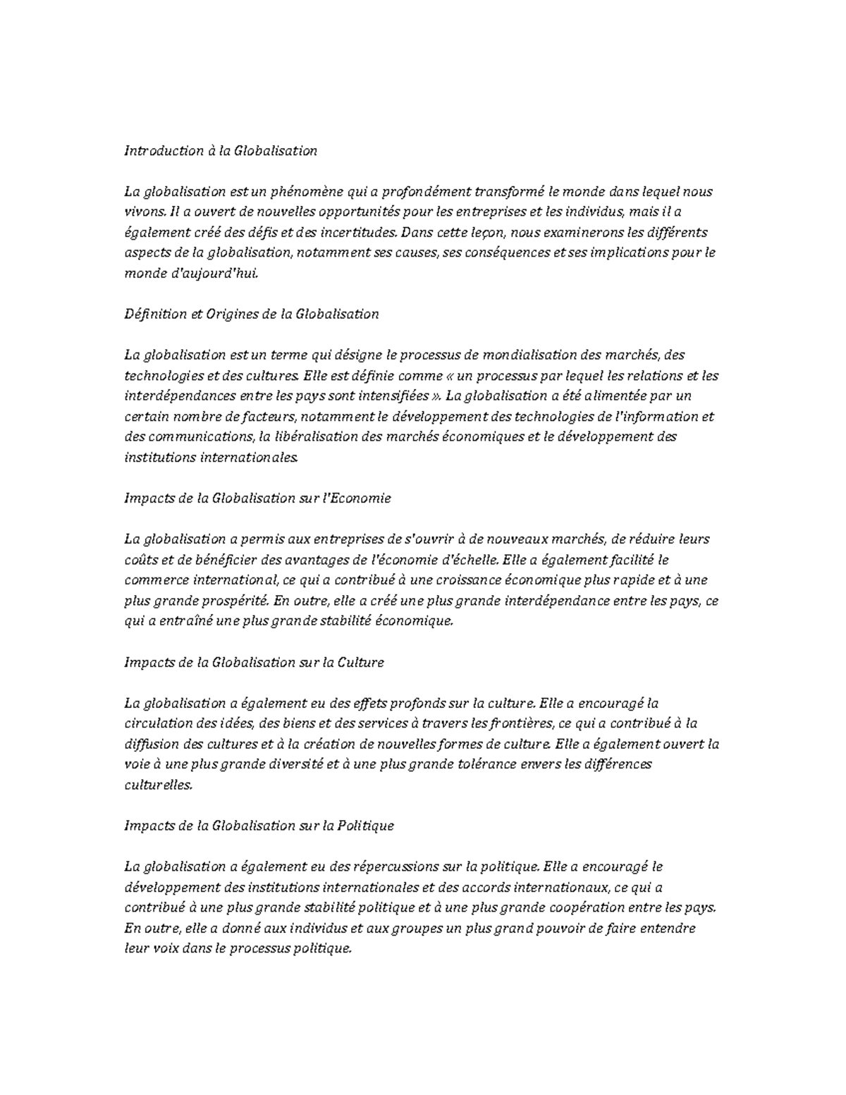 Globalization Study Notes - Introduction à la Globalisation La ...
