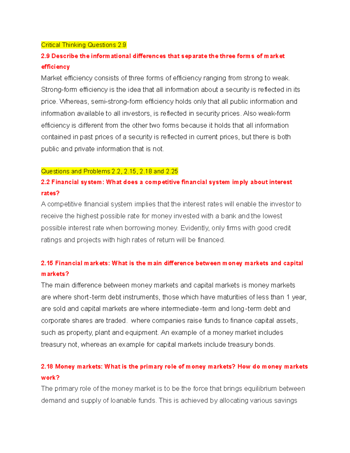 FIN111 tutorial Homework week 3 - Critical Thinking Questions 2. 2 ...