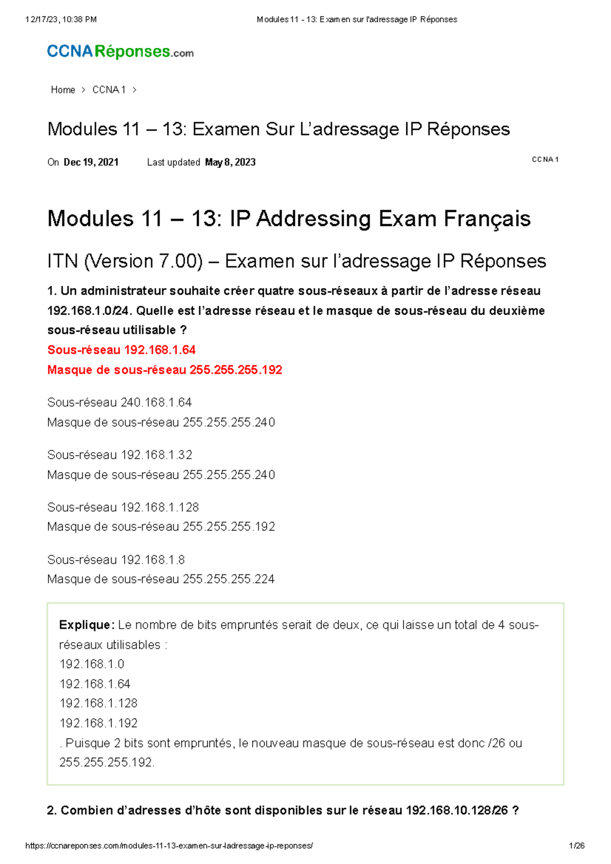 11 - ajava - Home CCNA 1 CCNA 1 Modules 11 – 13: Examen Sur L’adressage IP Réponses On Dec 19 ...