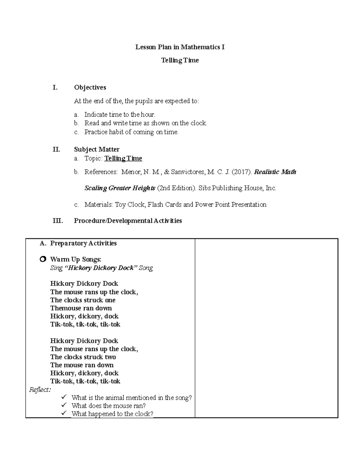 Lesson Plan In Mathematics I Lesson Plan In Mathematics I Telling 