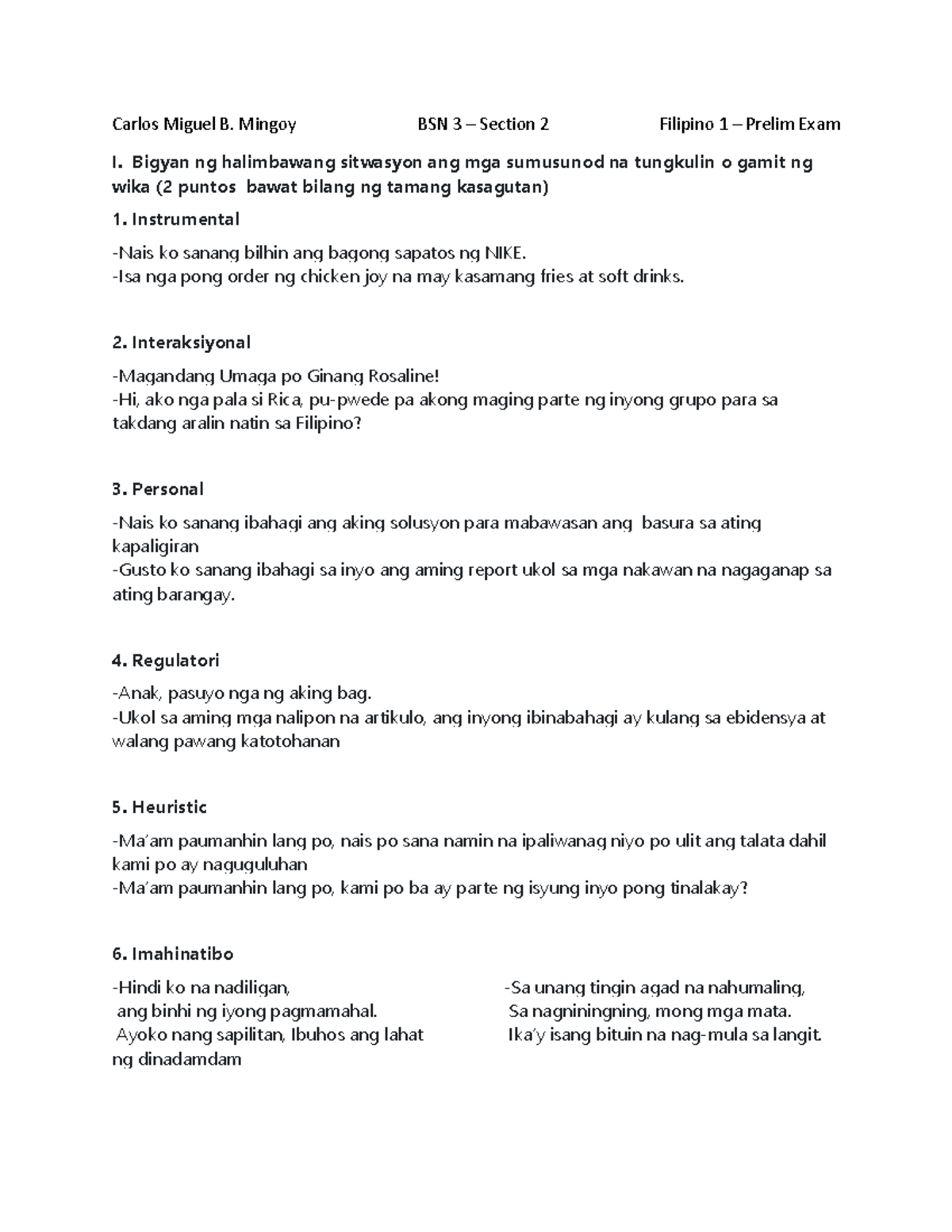 Mingoy BSN 3 – Section 2 Filipino 1 – Prelim Exam - Carlos Miguel B ...