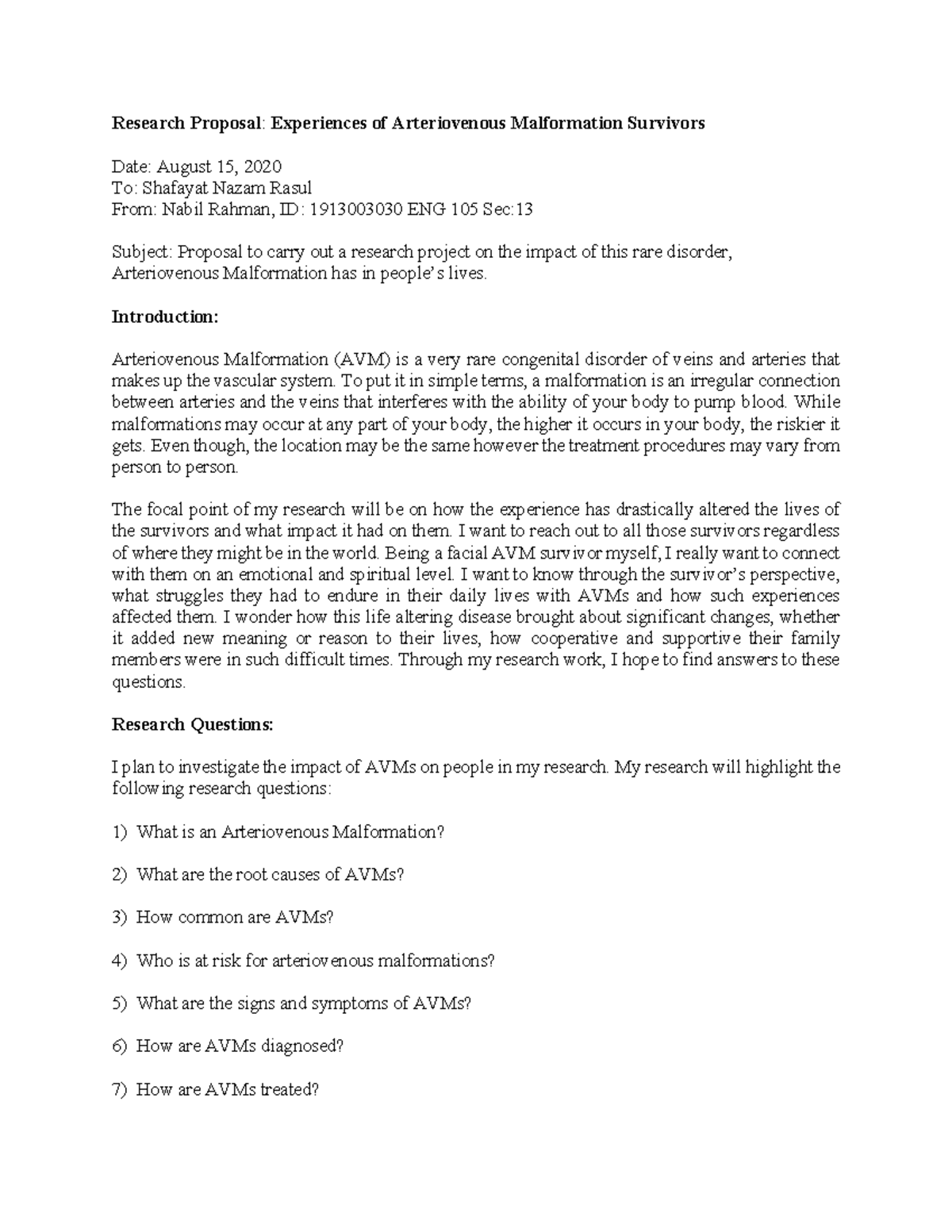 Eng 105 Sample Research Proposal - Research Proposal: Experiences of ...