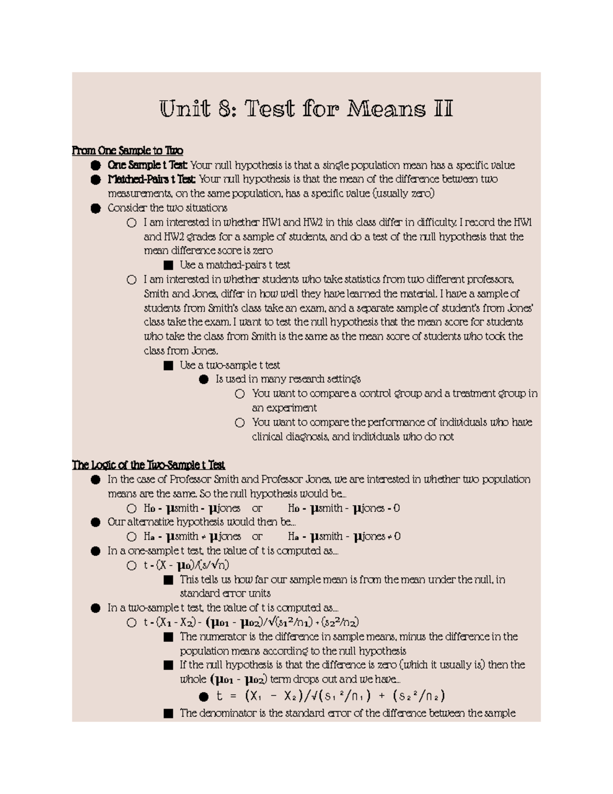 Unit 8 Notes - Unit 8: Test for Means II From One Sample to Two One ...
