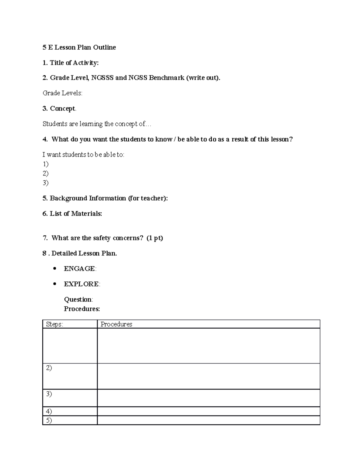 Seminar Assignments - Lesson Plan Outline - 5 E Lesson Plan Outline ...