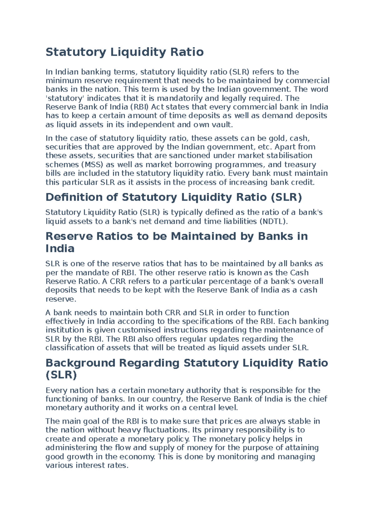 SLR Chapter 1 - AFA-2 notes - Statutory Liquidity Ratio In Indian ...