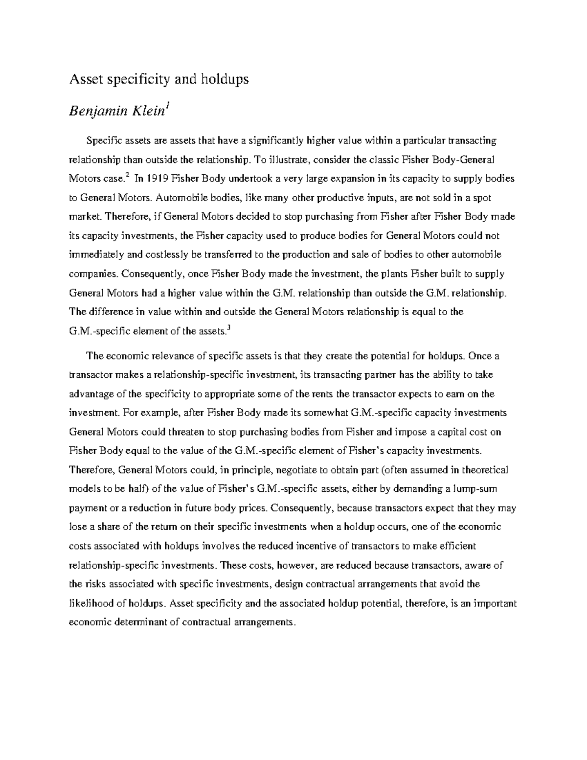 Wright Baye asset specificity and holdups - Asset specificity and ...