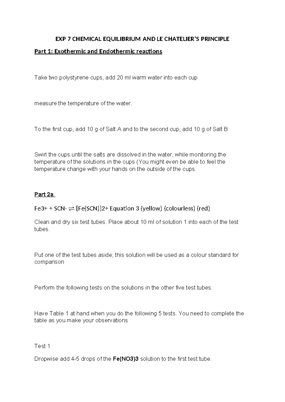 Experiment 7 Chemistry - EXP 7 CHEMICAL EQUILIBRIUM AND LE CHATELIER’S ...