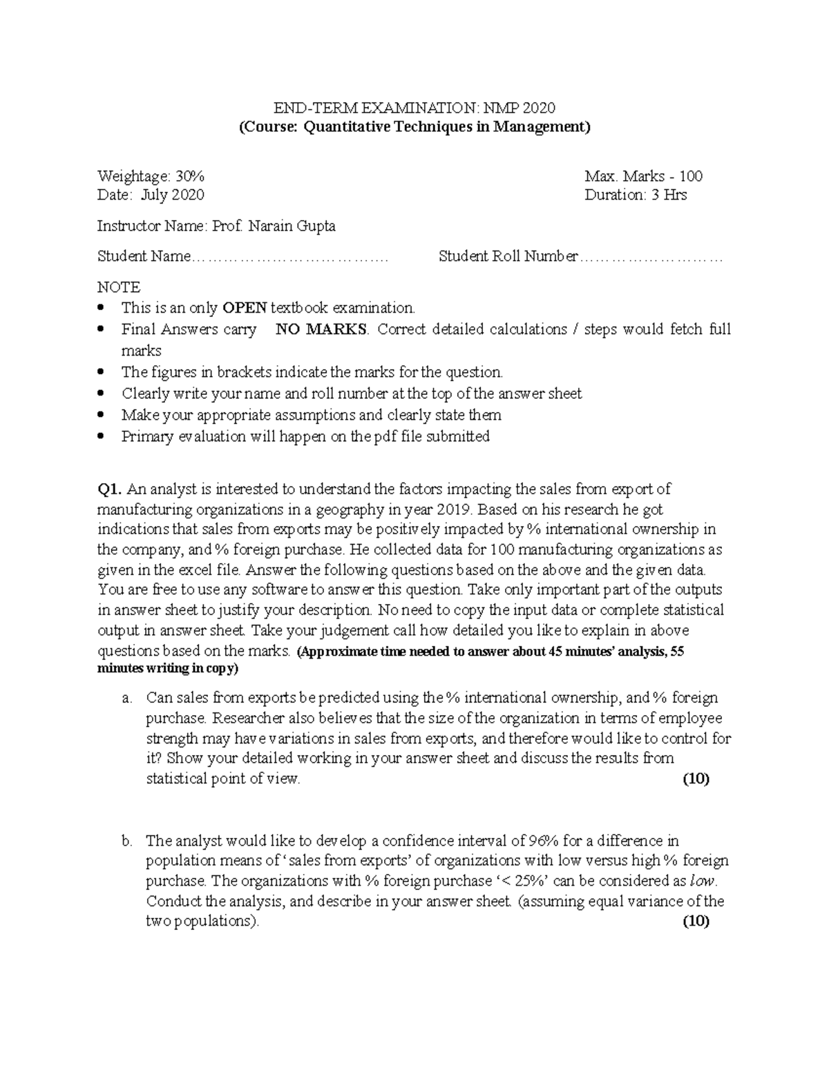 QTM End Term Exam 27 - Class Notes - END-TERM EXAMINATION: NMP 2020 ...