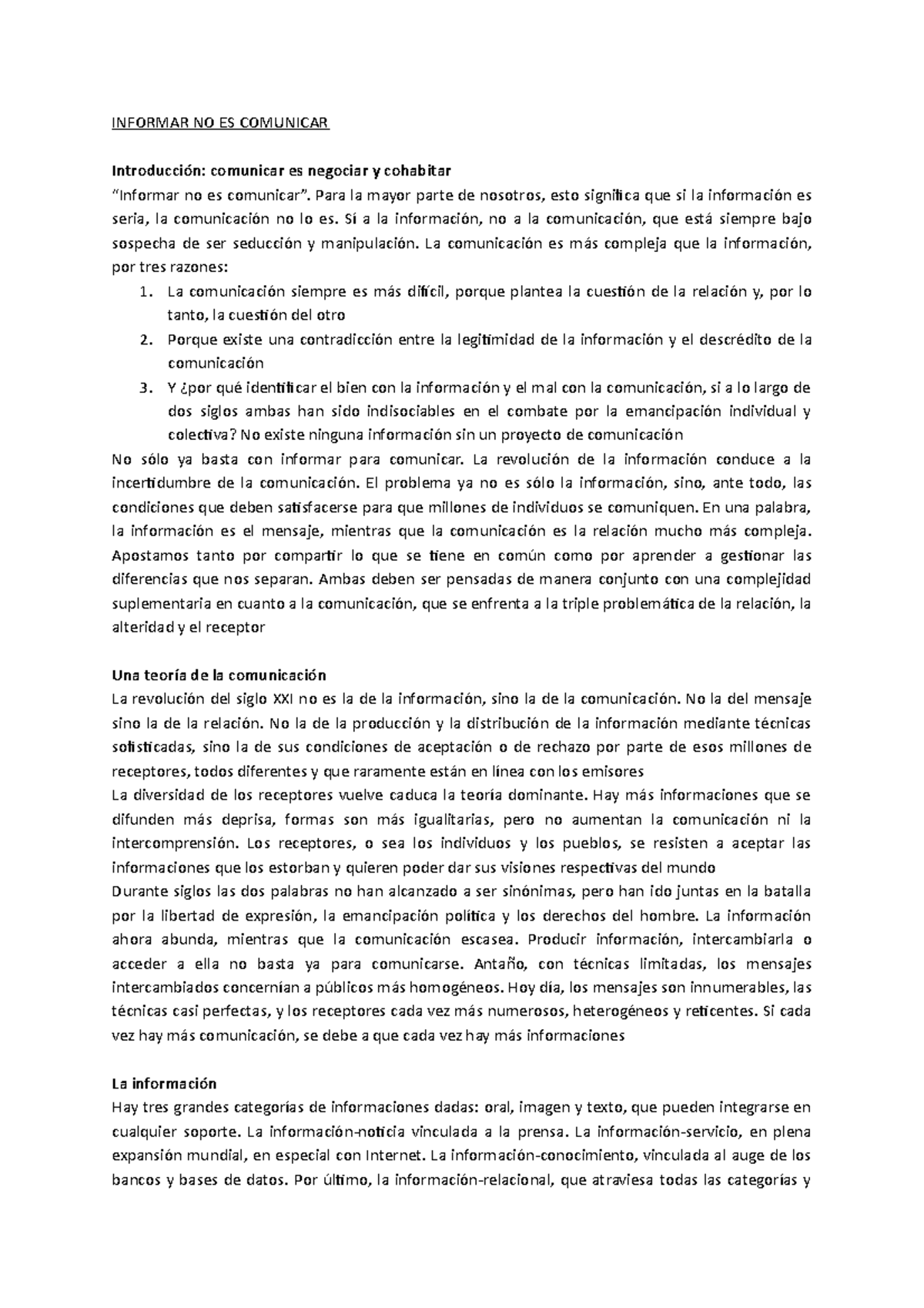 Resumen Texto - Dominique Wolton - INFORMAR NO ES COMUNICAR ...