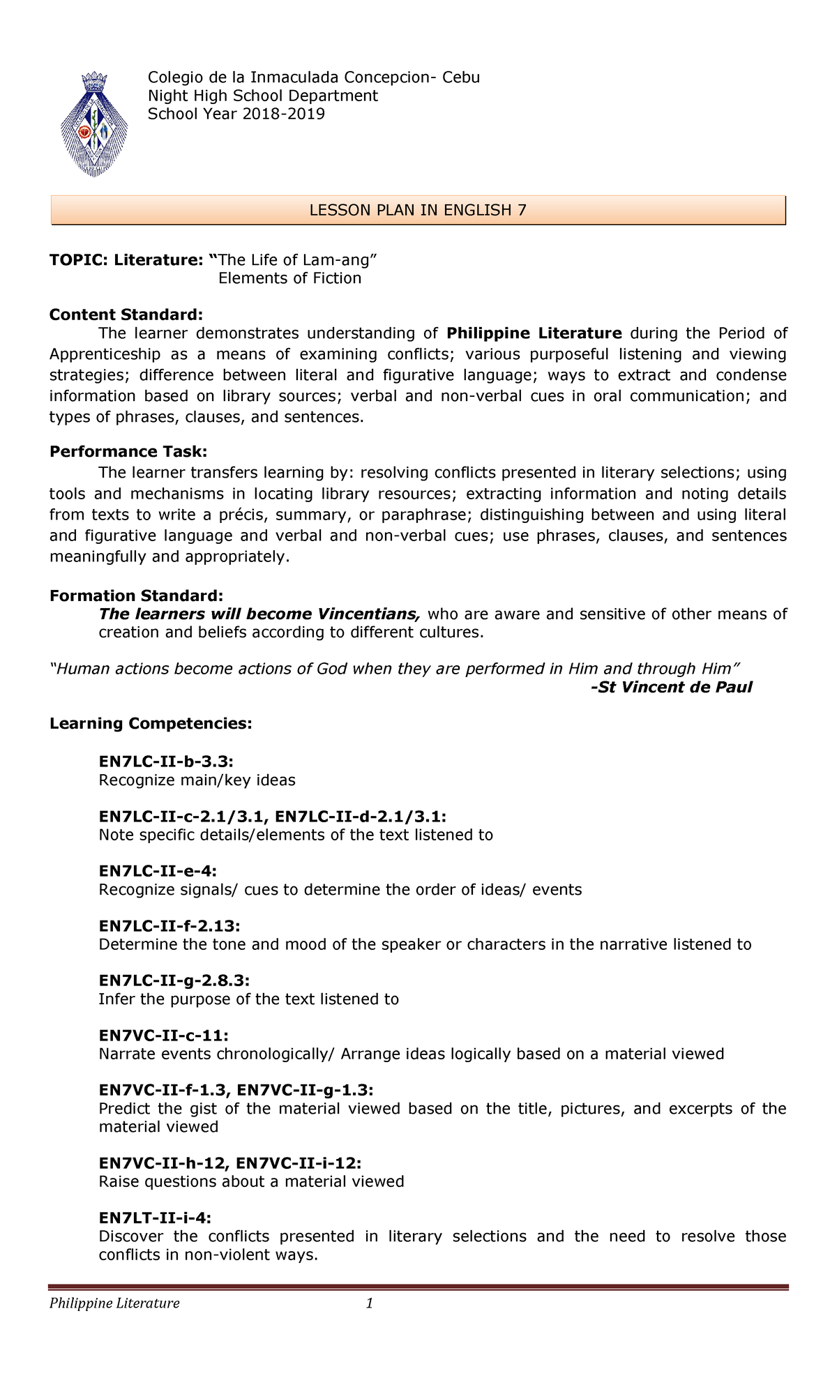 7 LP 1STWK Grade 7 Lesson Plan BSED StuDocu