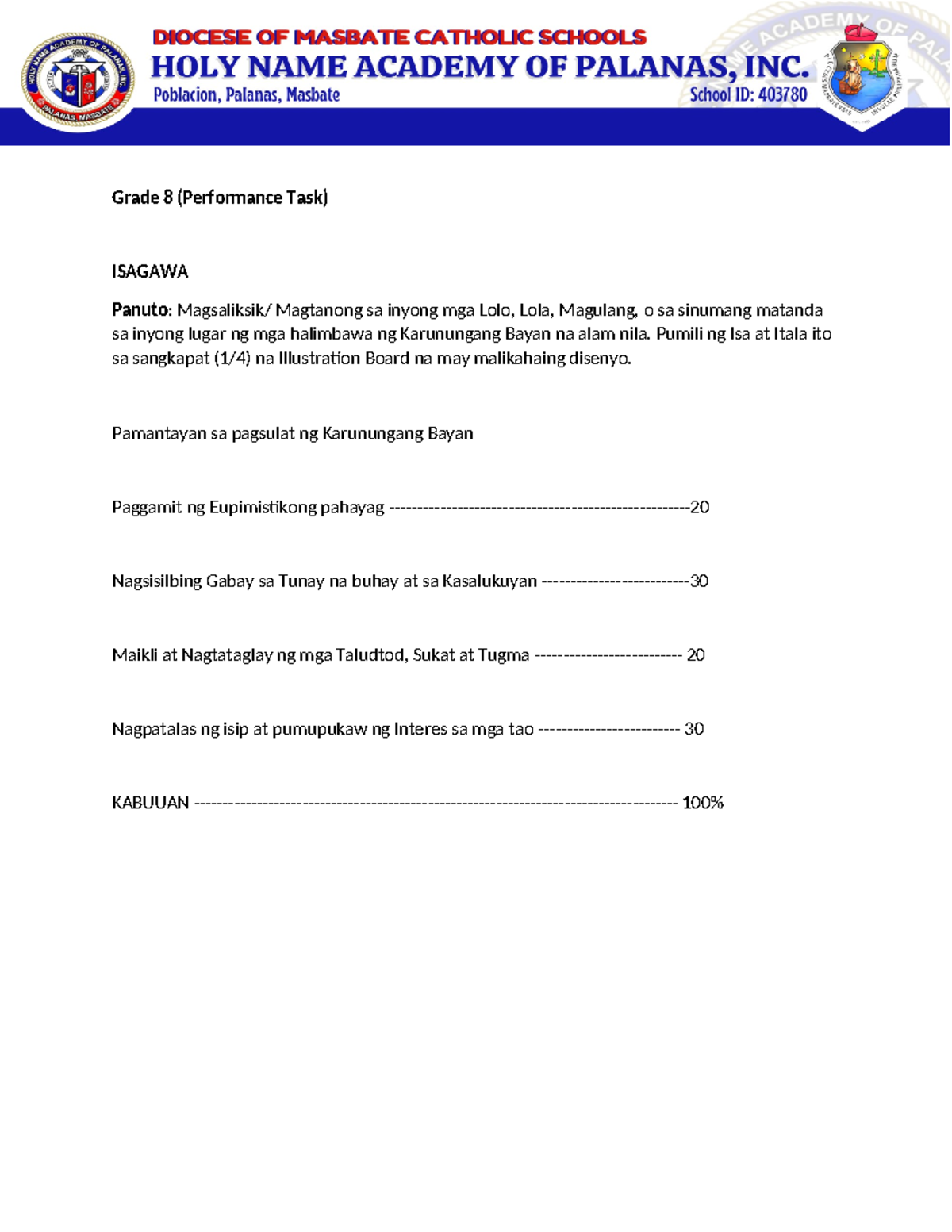 Grade 8 PT Arlene - Grade 8 (Performance Task) ISAGAWA Panuto ...