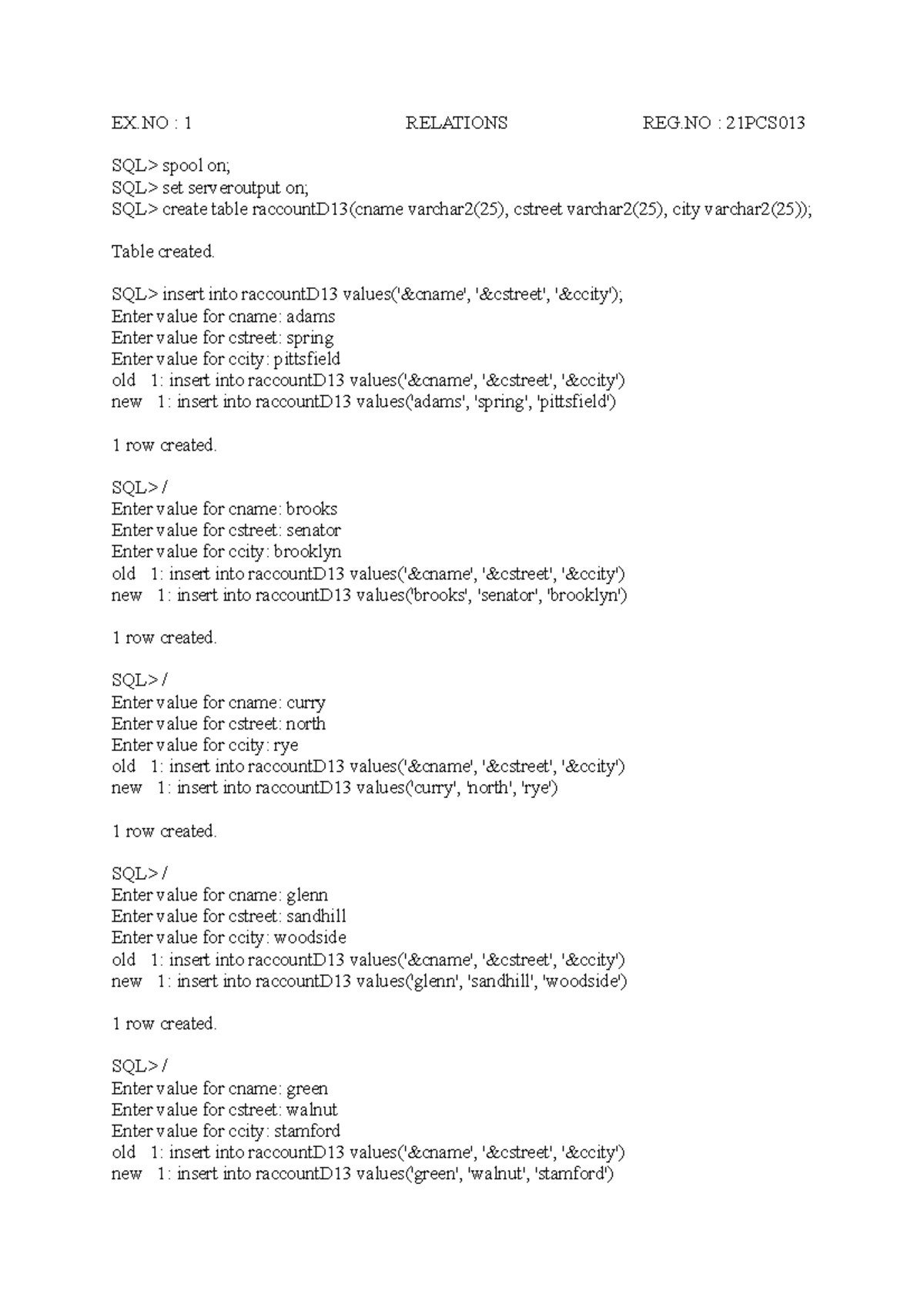 Database lab 13 - its easy to study - EX : 1 RELATIONS REG : 21PCS SQL ...