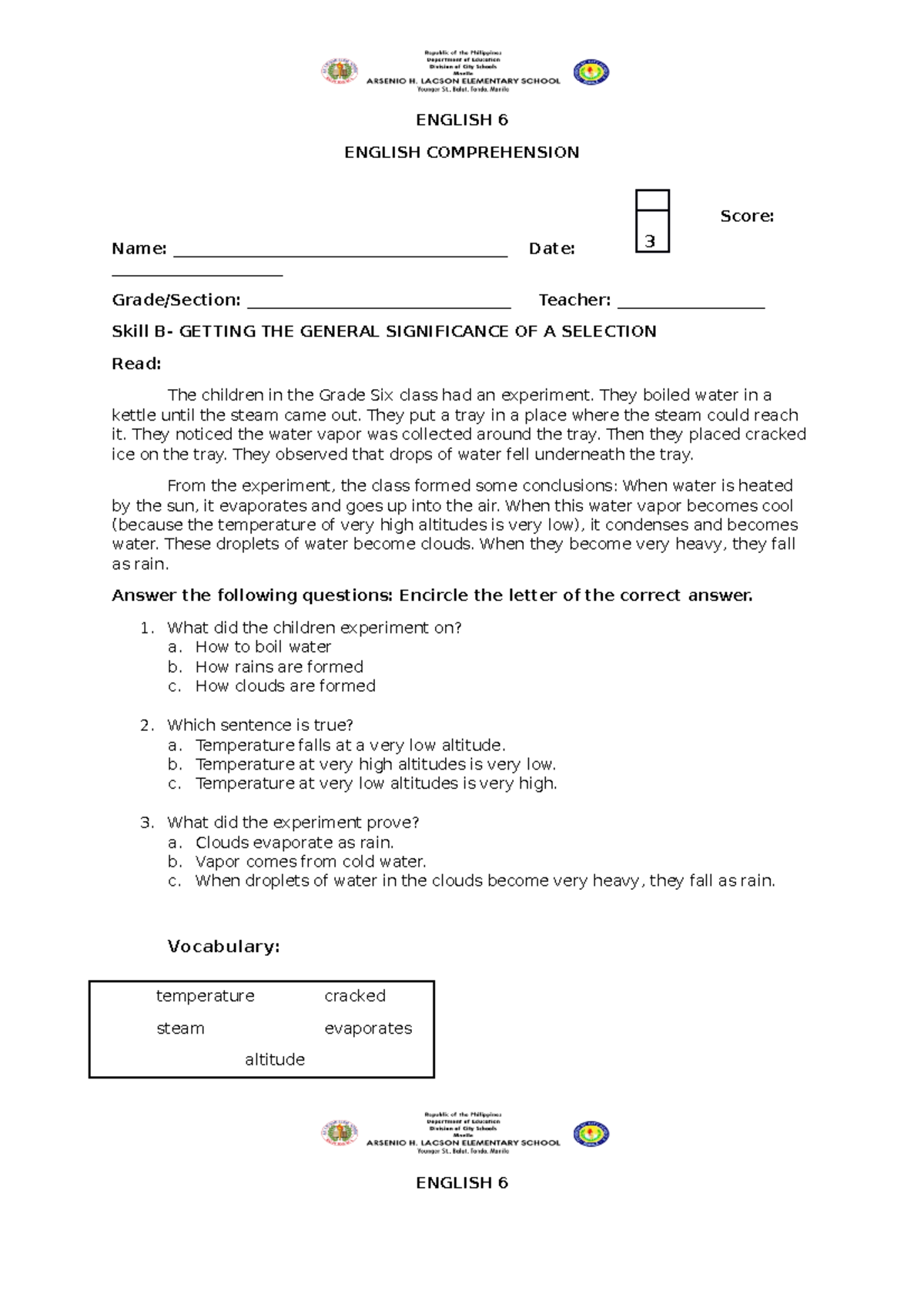 Comprehension Skills - Grade 6- English - ENGLISH 6 ENGLISH ...