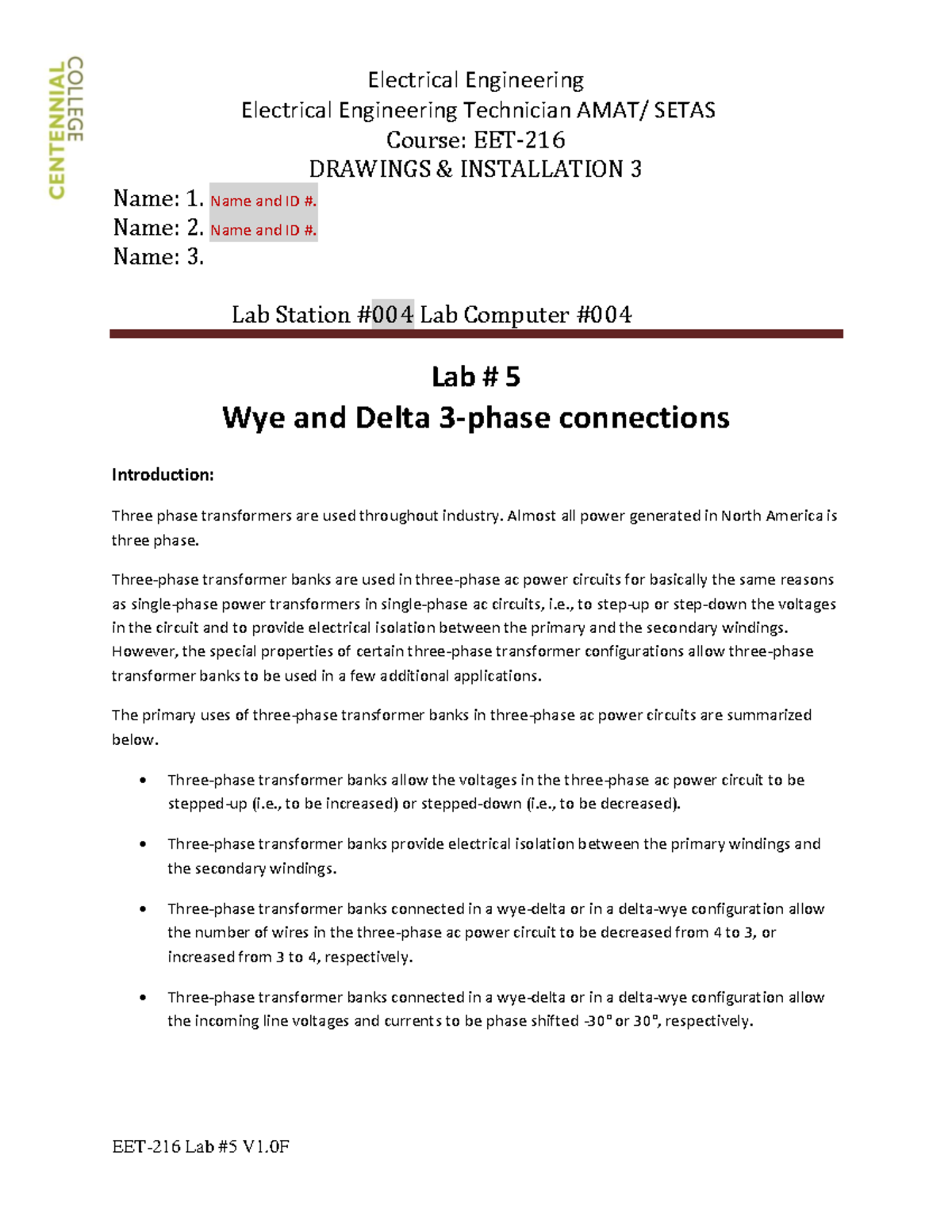 EET-216 LAB #5 - EET-216 LAB #5 - Electrical Engineering Electrical ...