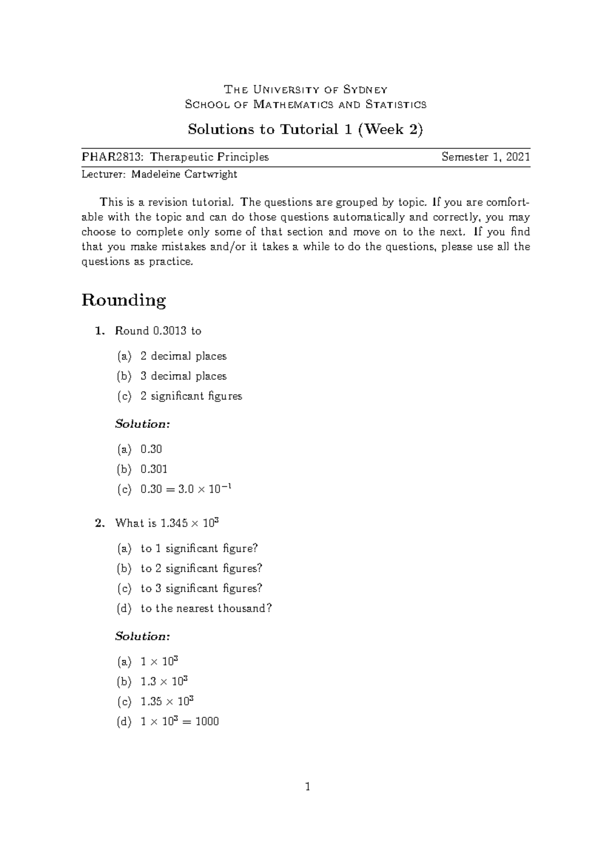 Math Tutorial 1 solutions - The University of Sydney School of ...