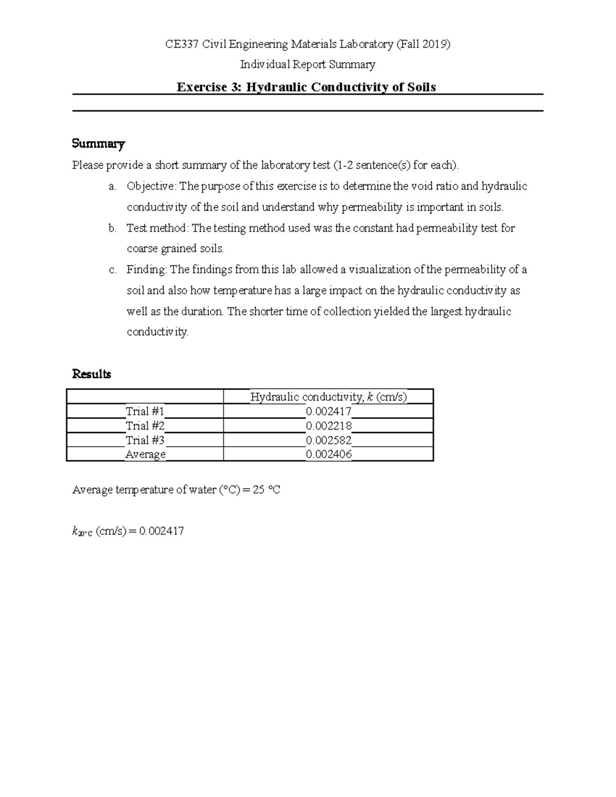Lab 3: Hydraulic Conductivity of Soils - CE337 Civil Engineering ...