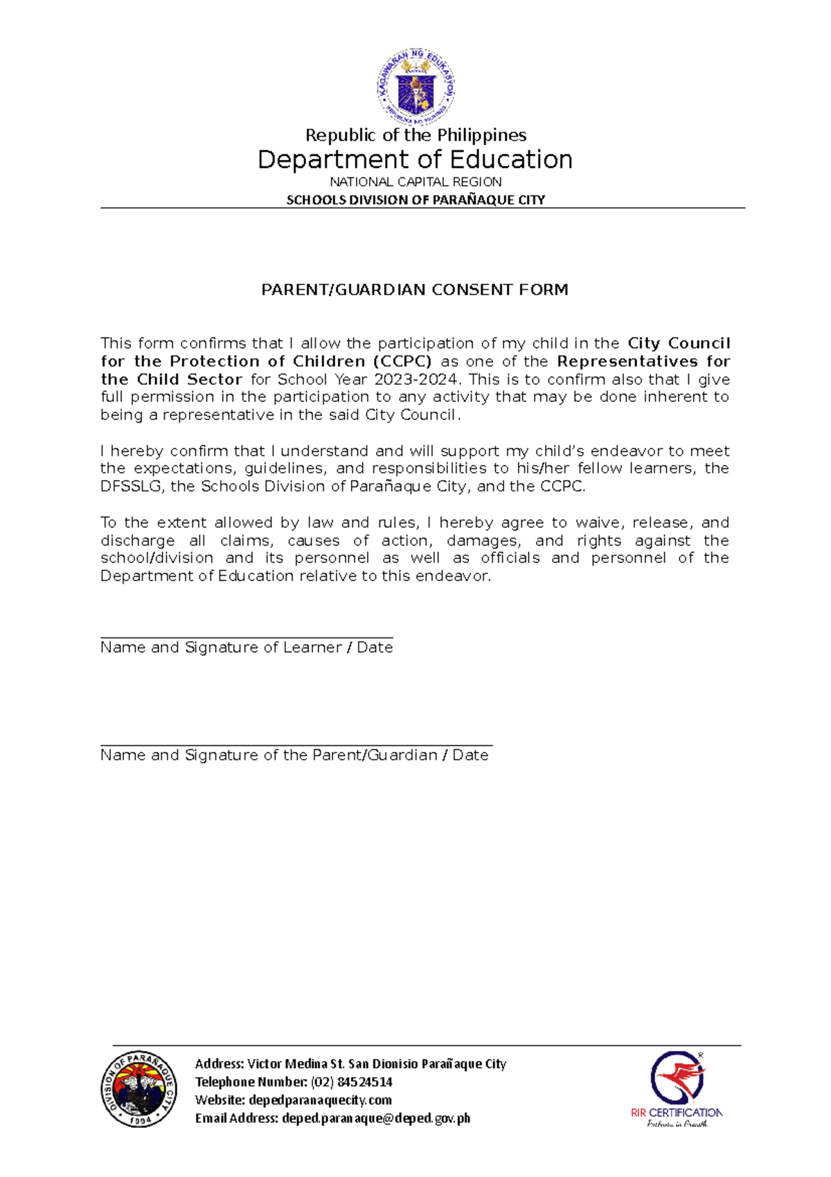 Parent Guardian Consent Form for CCPC 2023-2024 - Republic of the Philippines Department of ...