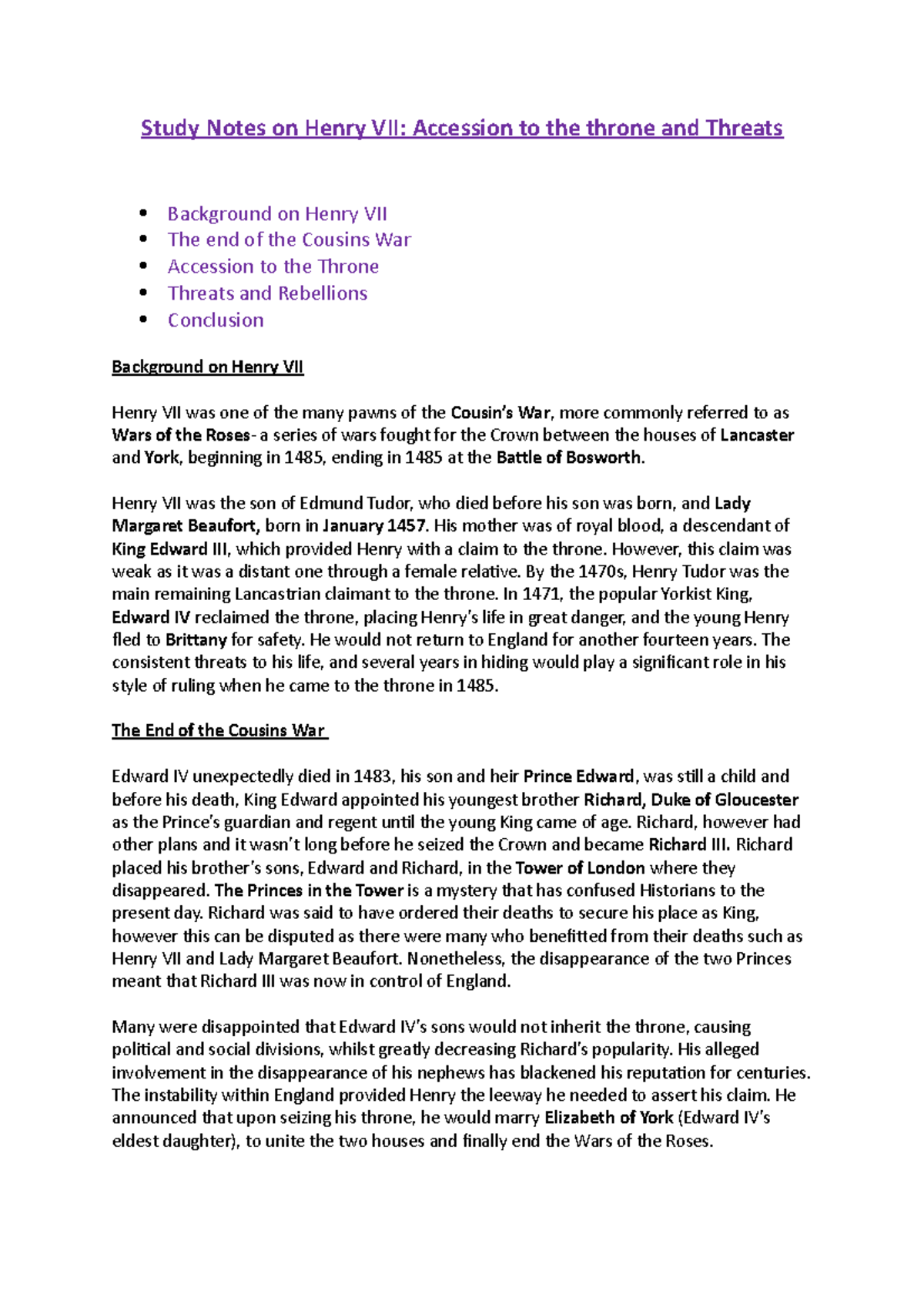 Henry vii accession to the throne and threats - Study Notes on Henry ...