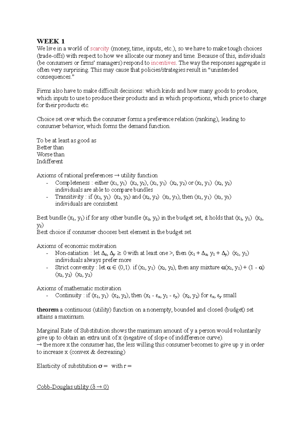 Intermediate Microeconomics lecture notes - WEEK 1 We live in a world ...