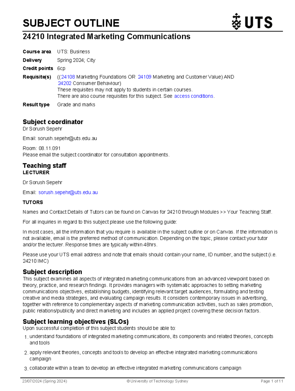 CMS Subject Summary - SUBJECT OUTLINE 24210 Integrated Marketing ...