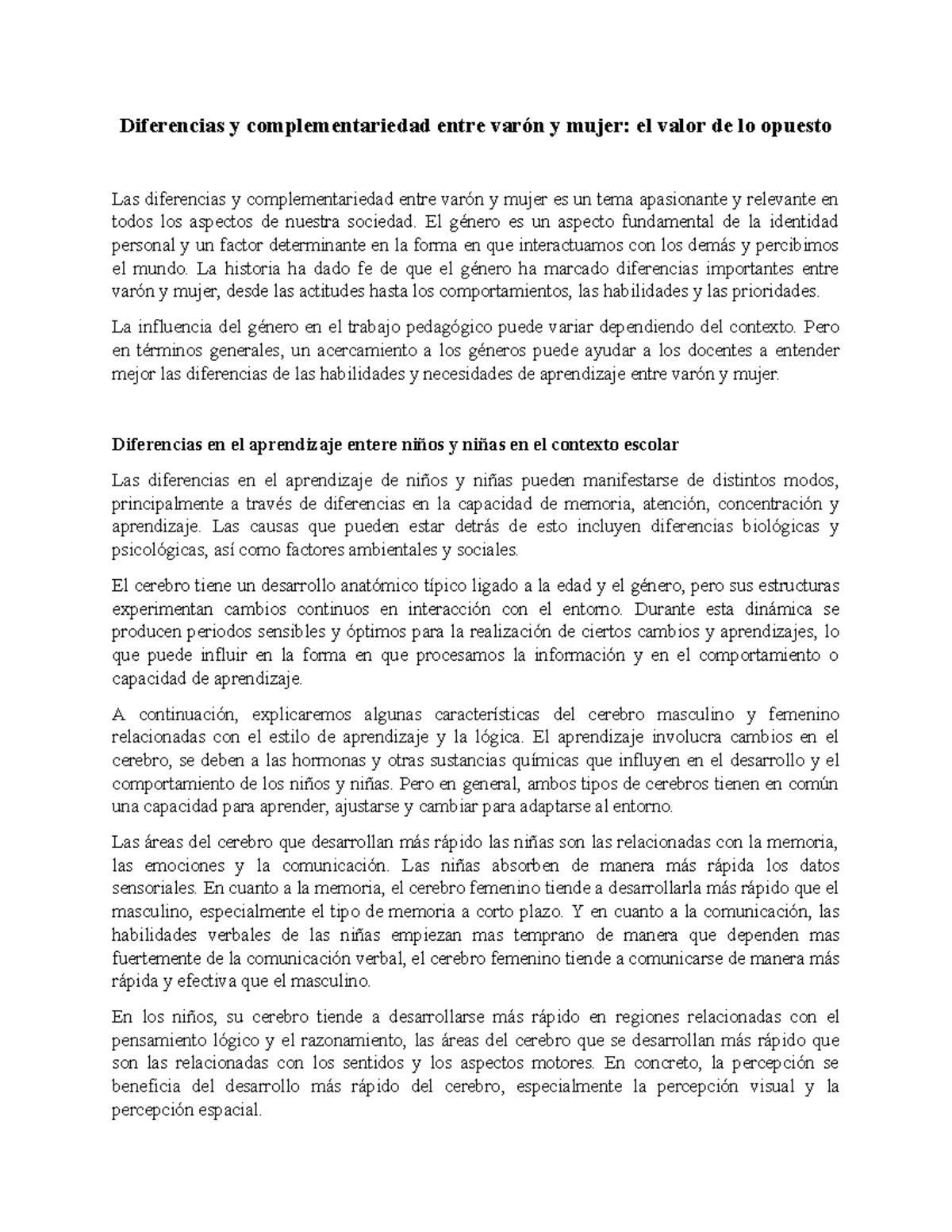 Diferencias y complementariedad entre varón y mujer - El género es un ...