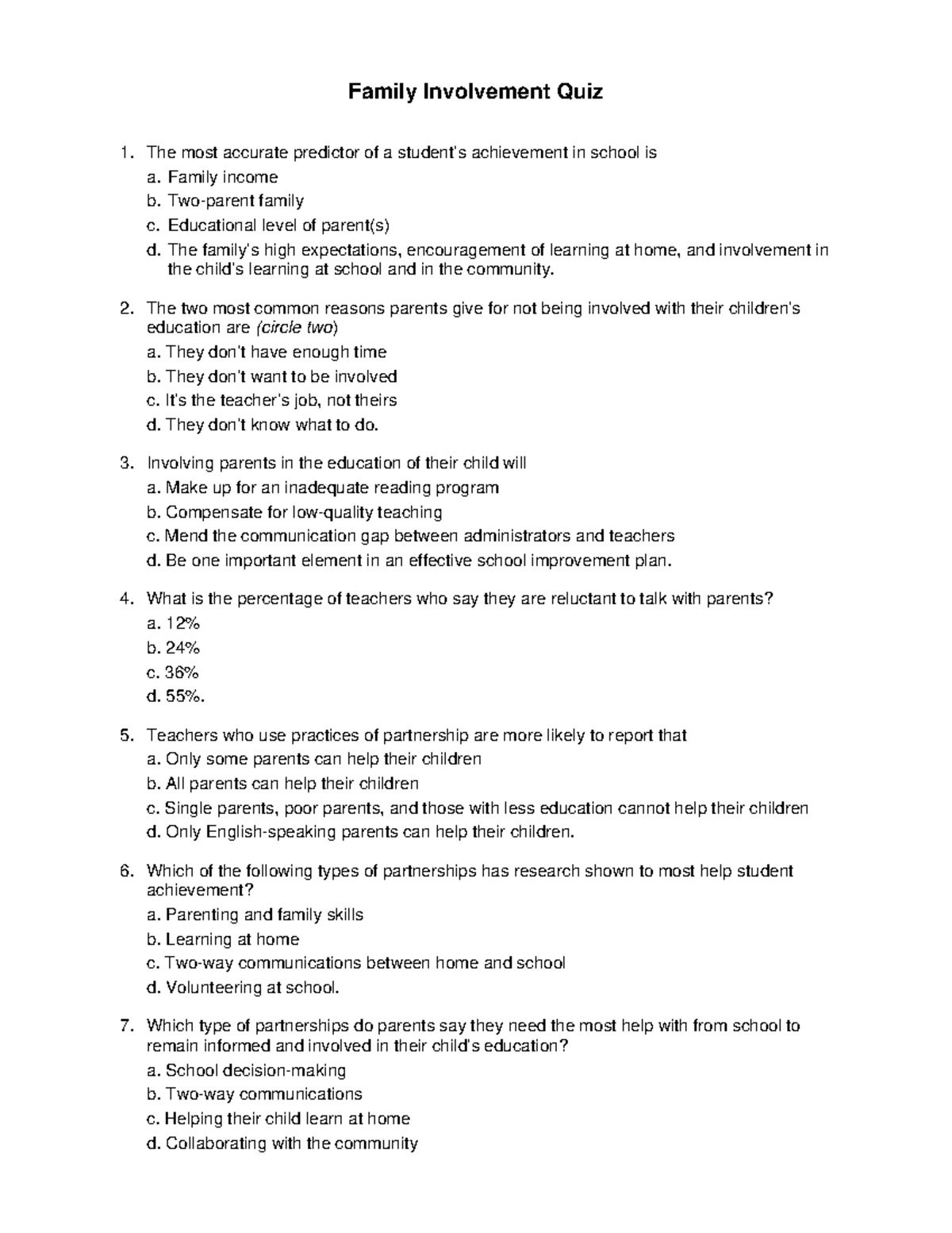 Tk fam invl quiz - this is the answer - Family Involvement Quiz The ...