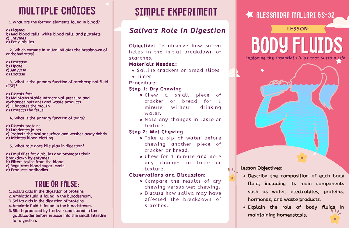 BODY Fluids Brochure - L E S S O N : Lesson Objectives: Describe the ...
