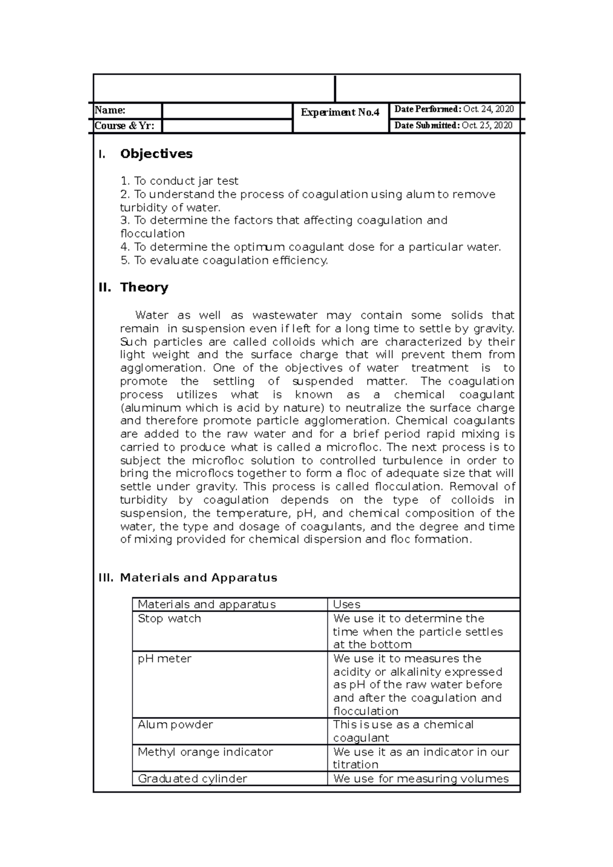 Jar test - coagulation and flocculation using jar test method - Name ...