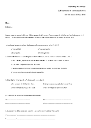 Examen n° 2 Bdmrc - qcm test - Marketing des services BUT Technique de ...