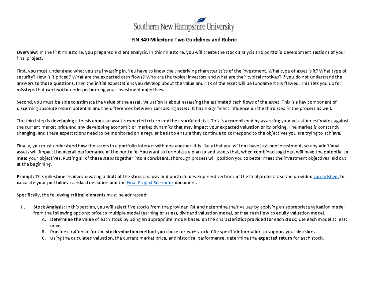Upload - notes. - FIN 340 Milestone Two Guidelines and Rubric Overview ...