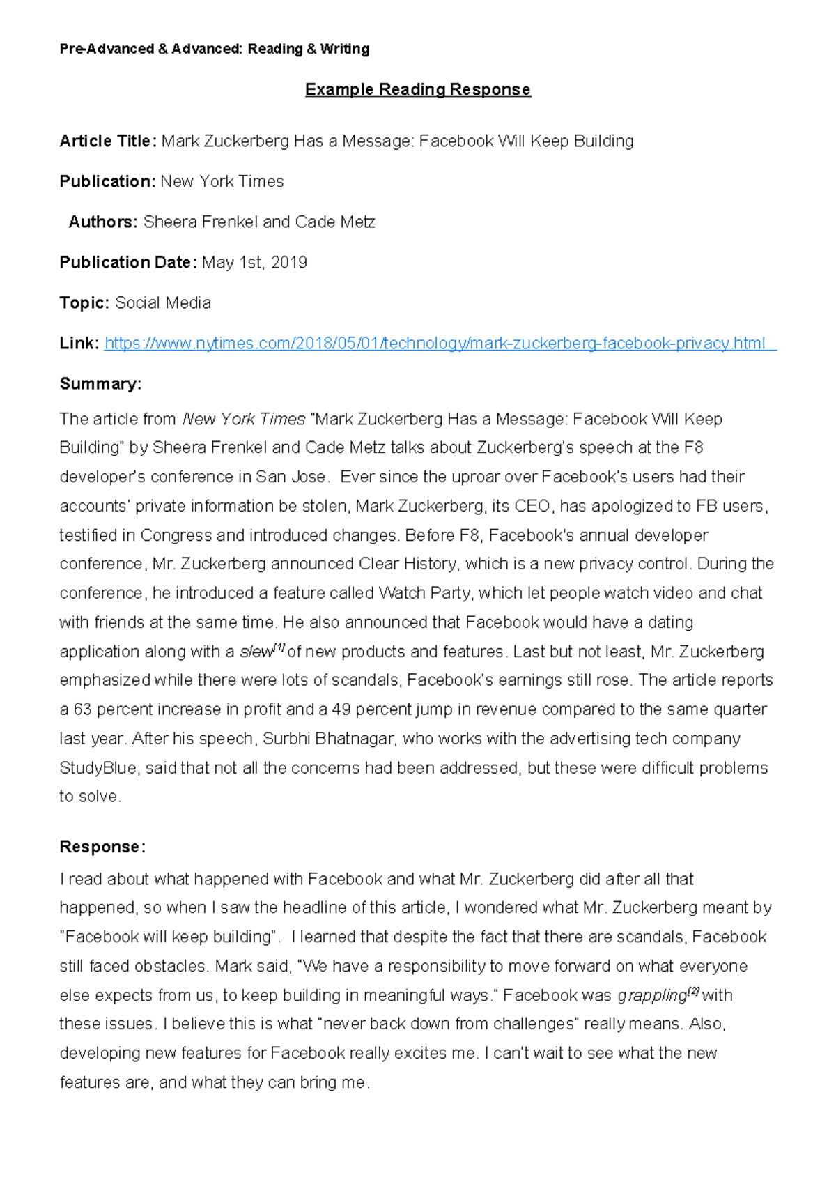 Reading Response Example - Pre-Advanced & Advanced: Reading & Writing ...