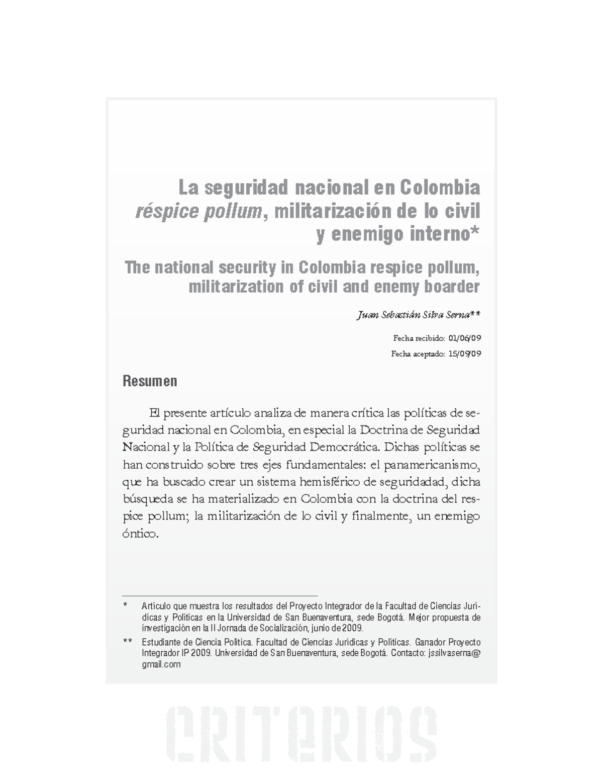Abejarano la seguridad nacional en colombia rspica pollum militarizacin ...