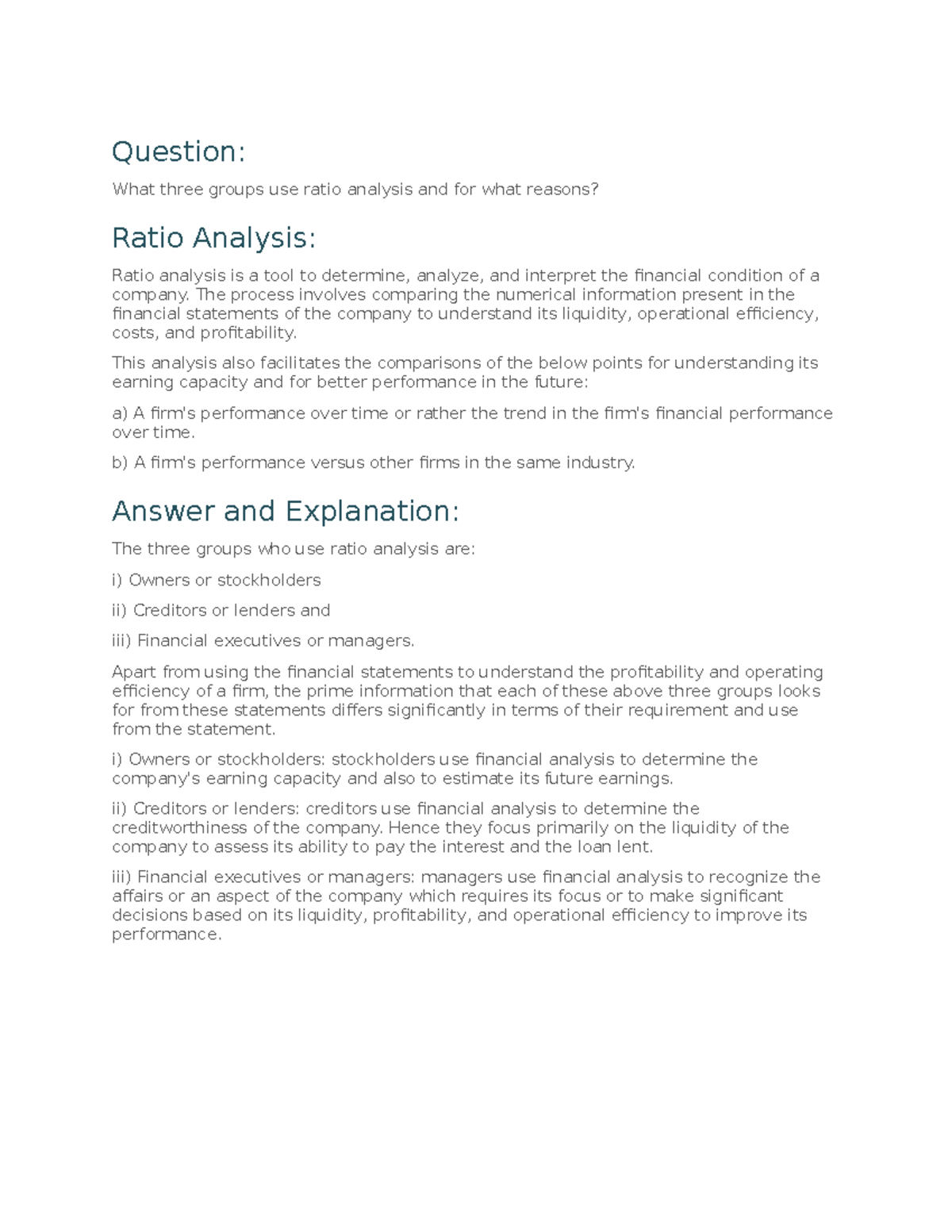Case 1 Analysis - Question: What three groups use ratio analysis and ...