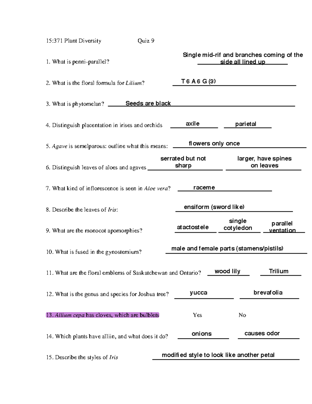 Quiz 9 - practice quizzes for class , lliliimm, irises - BIO1000 ...