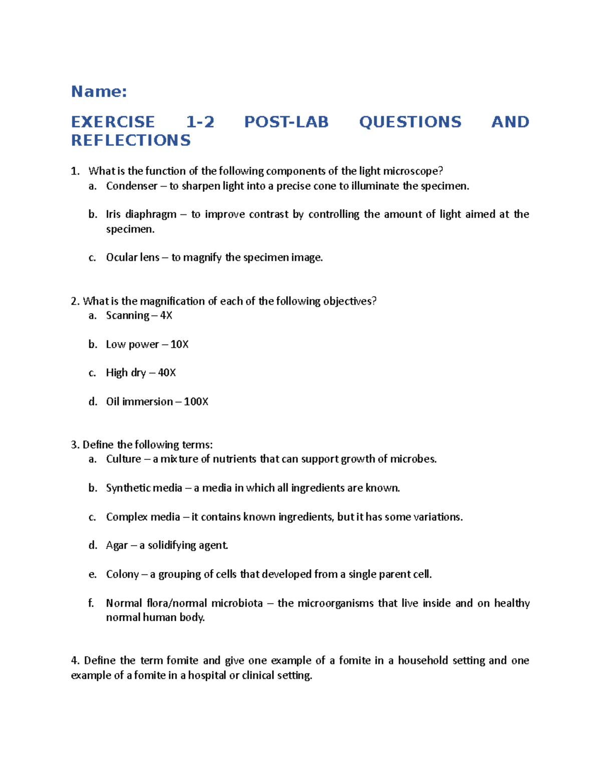 Post-Lab Exercise 1-2 - Name: EXERCISE 1-2 POST-LAB QUESTIONS AND REFLECTIONS What is the ...