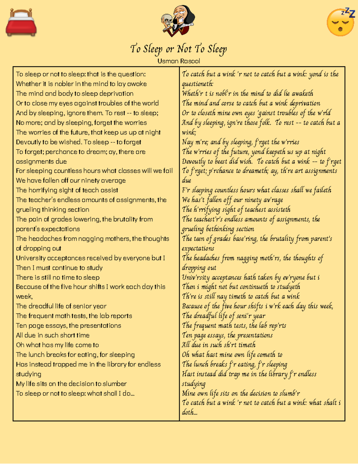 Hamlet Creative Task - Usman - To Sleep or Not To Sleep Usman Rasool To sleep or not to sleep ...