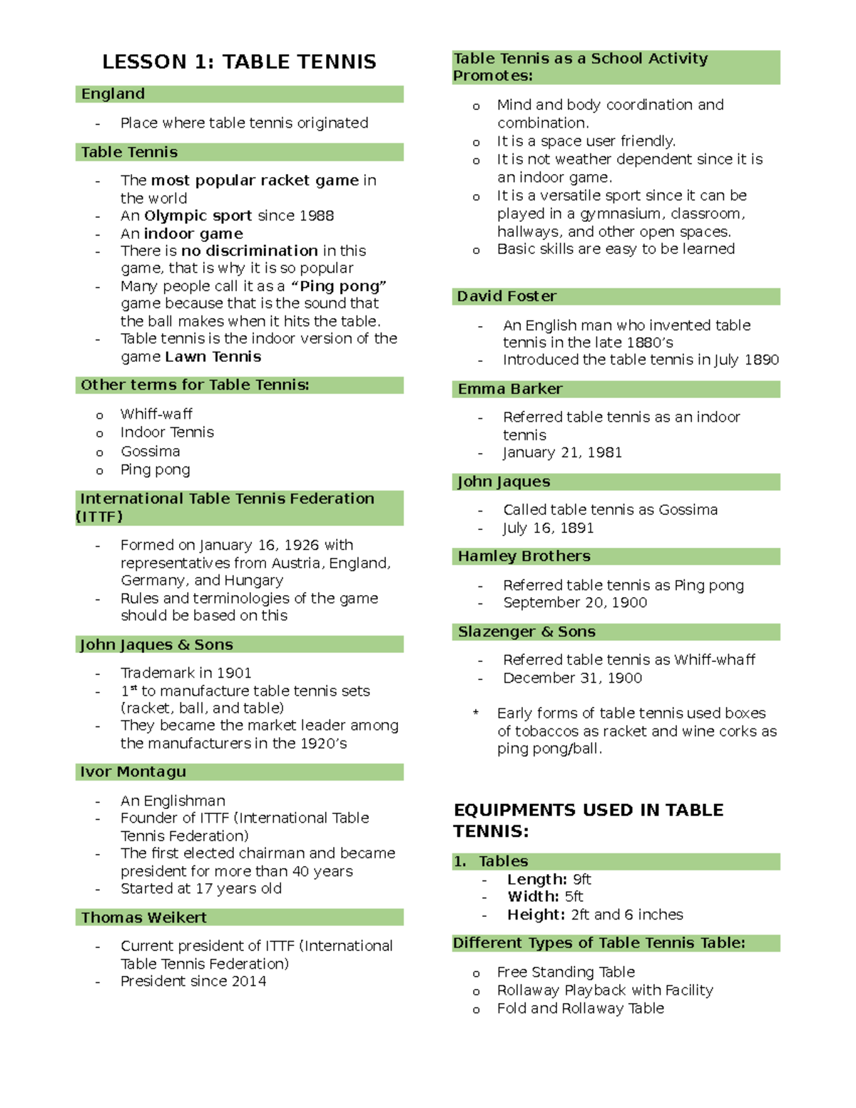 EQUIPMENTS USED IN TABLE TENNIS: INTRODUCTION - LESSON 1: TABLE TENNIS ...