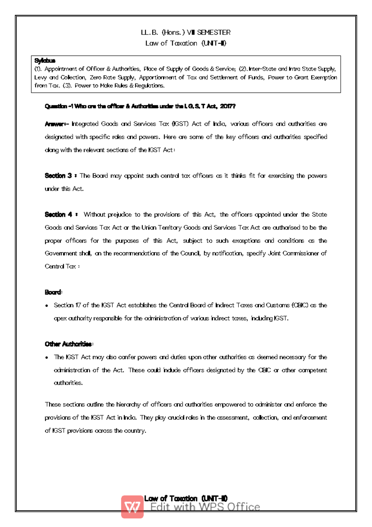 Unit 3 GST - Law notes - LL. (Hons.) VIII SEMESTER Law of Taxation ...