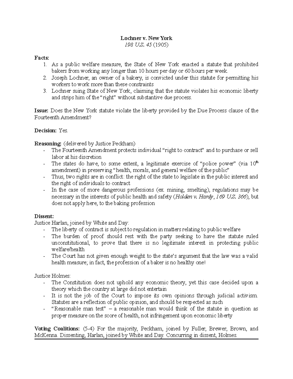 Case Brief/Notes - Lochner vs New York - Lochner v. New York 198 U. 45 ...
